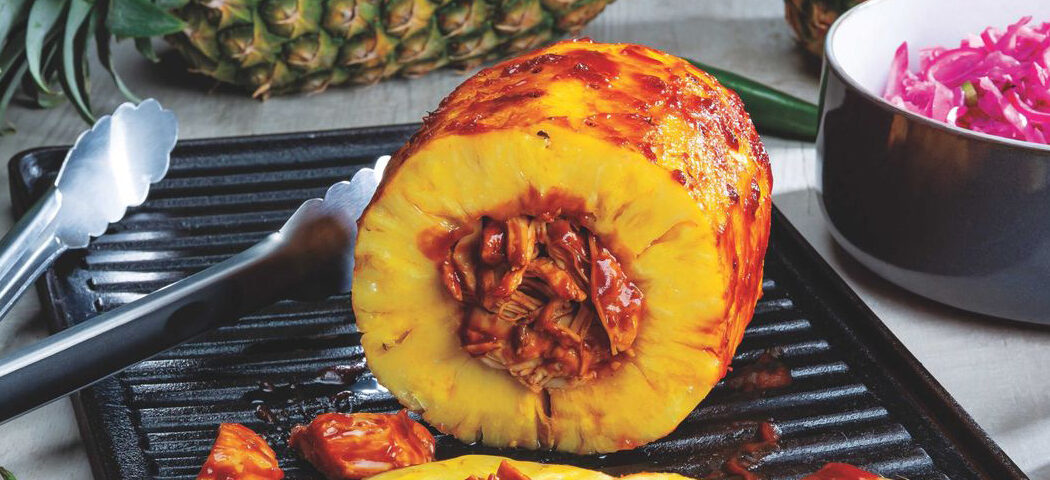 BBQ Chicken Stuffed Smoked Pineapple With Quick Pickled Cabbage Recipe ...